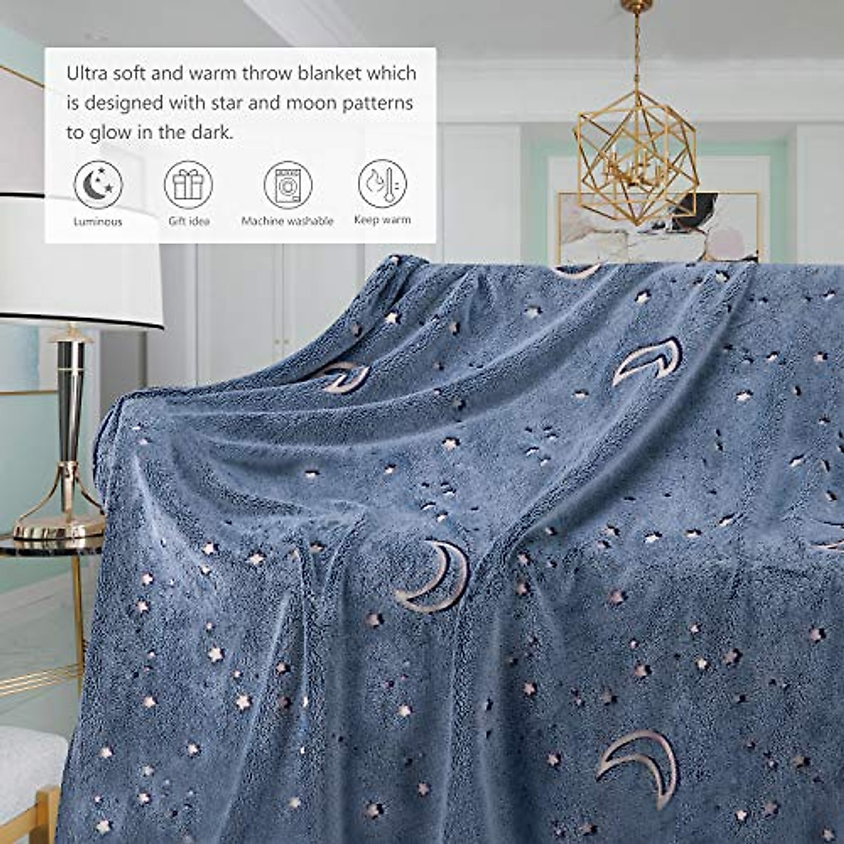 Glow in The Dark Throw Blanket, Moon and Stars Soft Warm Cozy Fuzzy Plush Blanket for Kids Teenage Boys Girls Women Best Friend Birthday Christmas (50 x 60 inches Blue)