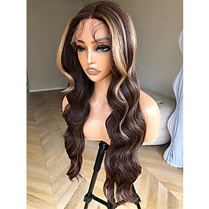 BlackSwern Honey Blonde Ombre Lace Front Wig, Body Wave Highlight Wigs Pre-plucked, Long Layered Wig with Curtain Bangs, Glueless for Black Women, 4/27 Highlights
