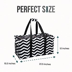Lucazzi Extra Large Utility Tote Bag - Oversized Collapsible Reusable Wire Frame Rectangular Canvas Basket With Two Exterior Pockets For Beach, Pool, Laundry, Car Trunk, Storage - Chevron Black