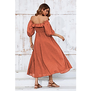 R.Vivimos Women Summer Half Sleeve Cotton Ruffled Vintage Elegant Backless A Line Flowy Long Dresses (Medium, Orange#1)
