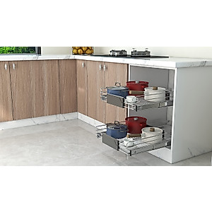 One Tier Expandable Pull Out Kitchen Cabinet Organizer,12.5" W X 19.7" D X 5.3”H,Easily Adjustable Width from 12.5" to 20.2" ,Slide Out Kitchen Cabinet Storage Shelves ,Wire Frame,Chrome Finish