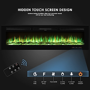 AthLike 60'' Recessed and Wall Mounted Electric Fireplace, 750/1500W Low Noise Linear Heater, with Multicolor Flame and 5 Flame Brightness, Log&Crystal, Touch Screen Remote Control,1-8h Timer, Black