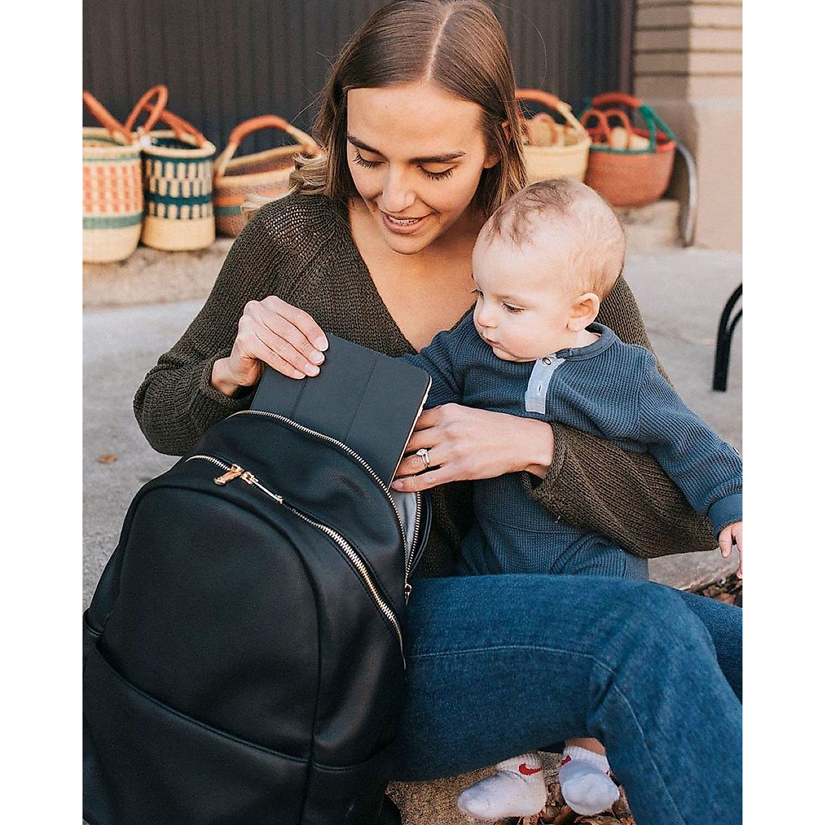 Little Unicorn Skyline Backpack – Diaper, Work, Travel Bag with Changing Pad - Premium Vegan Leather – Lightweight & Durable Design – 5 Interior Pockets – Easily Wipes Clean (Black)