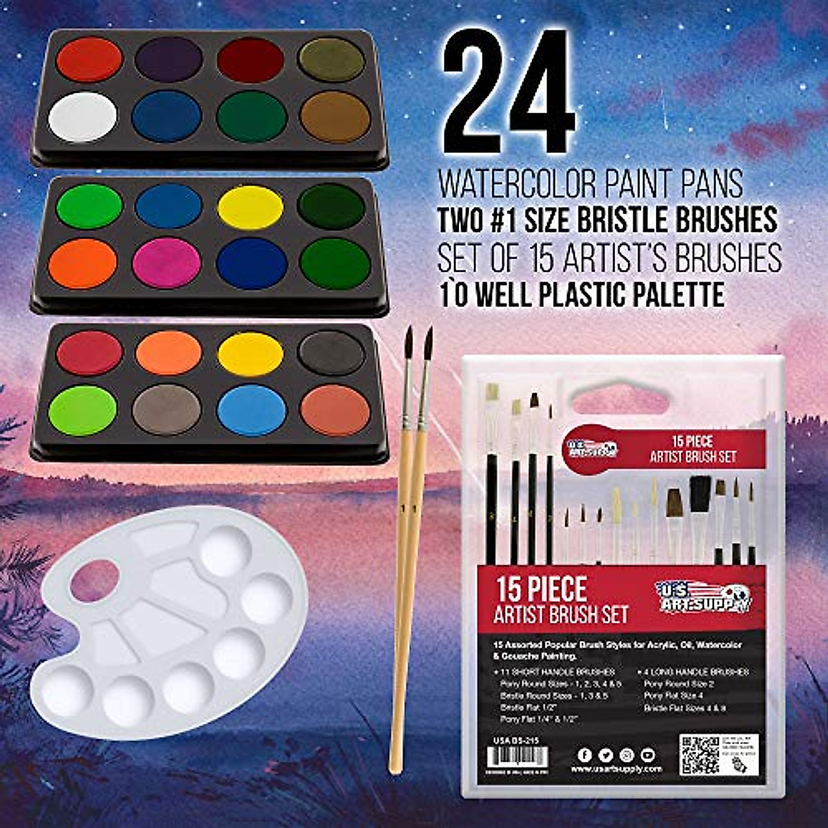 U.S. Art Supply 102-Piece Deluxe Art Creativity Set with Wooden Case - Artist Painting, Sketching and Drawing Set, 24 Watercolor Paint Colors, 17 Brushes, 24 Colored Pencils, Sketch & Painting Pads