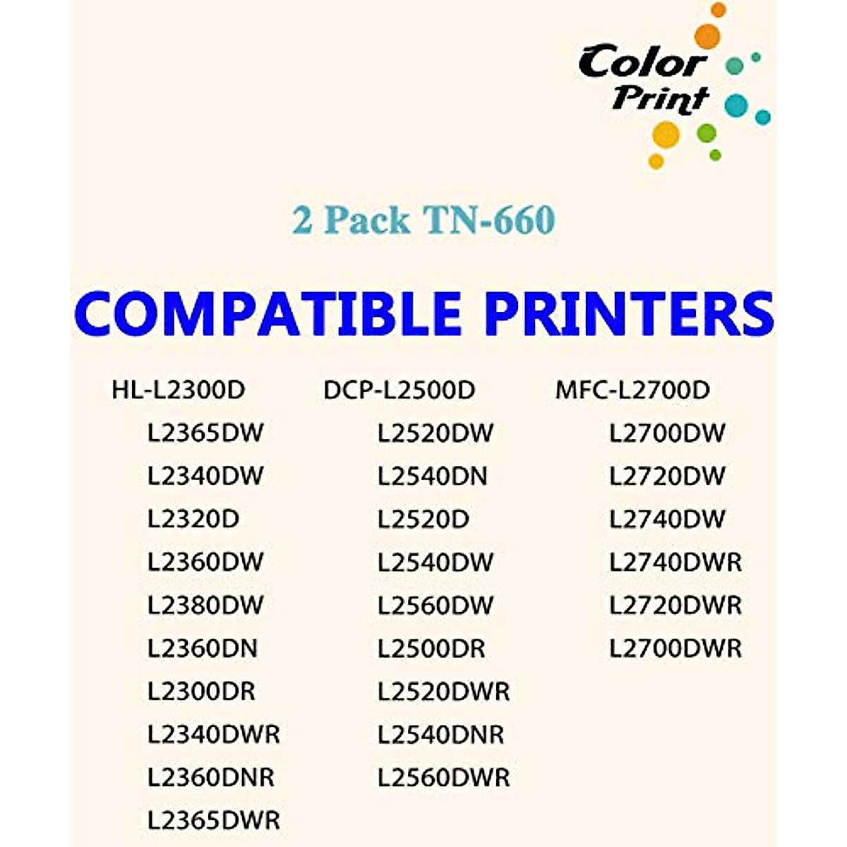 (2-Pack, Black)ColorPrint Compatible TN660 Toner Cartridge Replacement for Brother TN-660 TN630 TN-630 Work with HL-L2380DW HL-L2300D HL-L2340DW MFC-L2680W MFC-L2740DW MFC-L2685DW DCP-L2540DW Printer