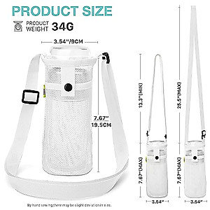 Water Bottle Bag with Strap, Mesh Water Bottle Holder Crossbody Water Bottle Sling Bag Adjustable Shoulder Strap and Pocket - Lightweight Water Bottle Carrier for Walking Sports Hiking Camping (White)
