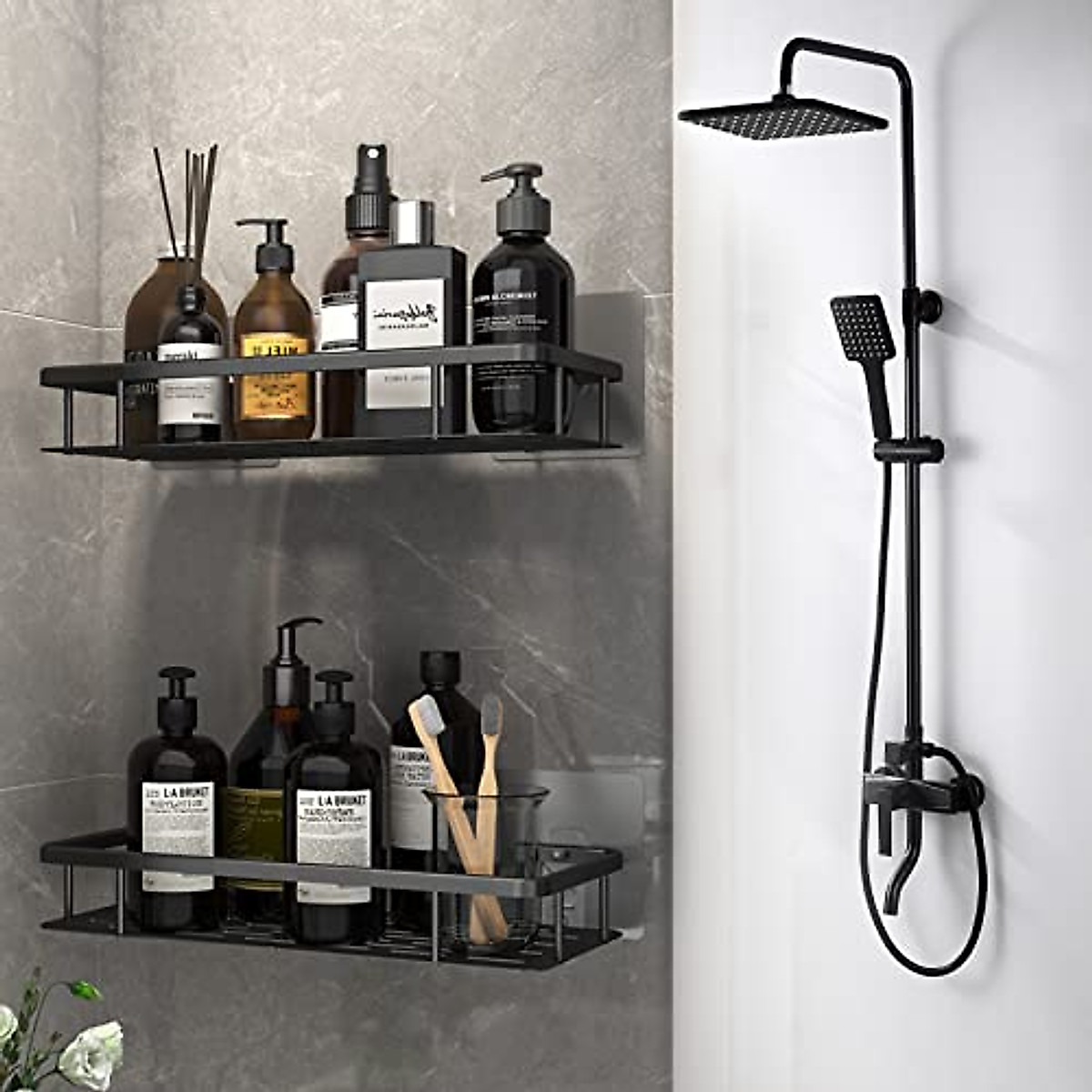 FEOYOAGO 2 Pack Shower Caddy Bathroom Shelf, No Drilling Traceless Adhesive Bathroom Storage Organizer, SUS304 Rustproof Food Storage Basket, 2-in-1 Kitchen Spice Racks