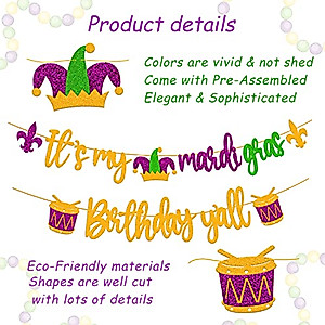 It’s My Mardi Gras Birthday Y’all Banner Carnival Fleur De Lis Shrove Fat Tuesday New Orleans Masquerade Theme Mardi Gras Party Glitter Decoration