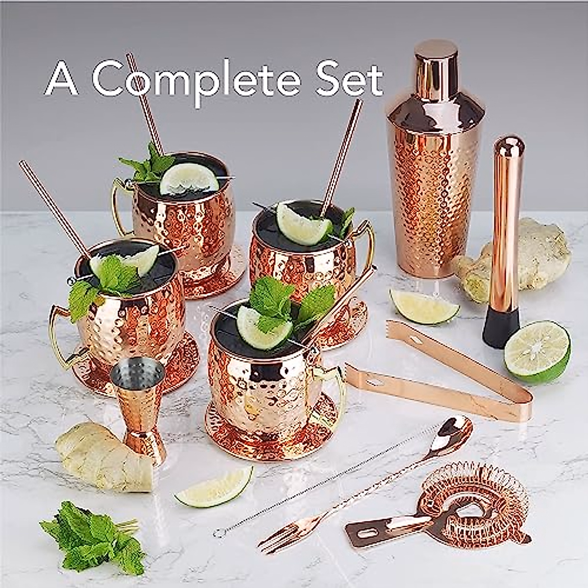 Arora Moscow Mule Barware Set - 23pc - Copper Plated Stainless Steel - Professional Bar Tools for Drink Mixing, Home, Bar, Party