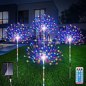 AOFLICT Solar Garden Lights, 4 Pack Colorful Waterproof Solar Garden Fireworks Lamp with Remote 126 LED Fireworks Solar Lights Outdoor 8 Modes Landscape Light for Lawn, Yard, Flowerbed, Pathway
