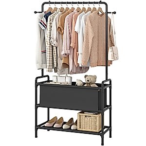 Calmootey Clothing Rack with Storage Bag, 3-in-1 Garment Rack, Non-woven Shelves for Shoes, Clothes Rack for Bedroom, Hallway, Entryway, Black