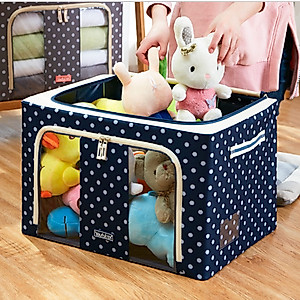 2 Pack 100L Foldable Storage Box with Transparent Double Window, Large Capacity Stackable Clothing Storage Box with Steel Frame and Metal Zipper and Carry Handles (100L, 2xUpgraded Blue Dots)
