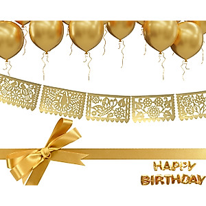 Gold Papel Picado Banner - Matte Gold Papel PicadoTissue Paper Banner for fiestas, weddings, bridal shower, engagement, baby shower, birthdays 2 pack/12ft long each)/ Not plastic