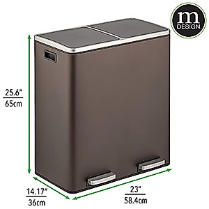 mDesign Metal Steel 16 Gallon/60-Liter, Large Dual Compartment Step Trash Can; Double Bin Trash Can/Recycler Combo for Kitchen; Holds Garbage, Recycling; Features Two Removable Liner Buckets - Bronze