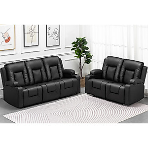 COMHOMA Recline Chair Set，Furniture 2PC Bonded Leather Recliner Set Living Room Set, Sofa, Loveseat（Black,Living Room Set3+2）