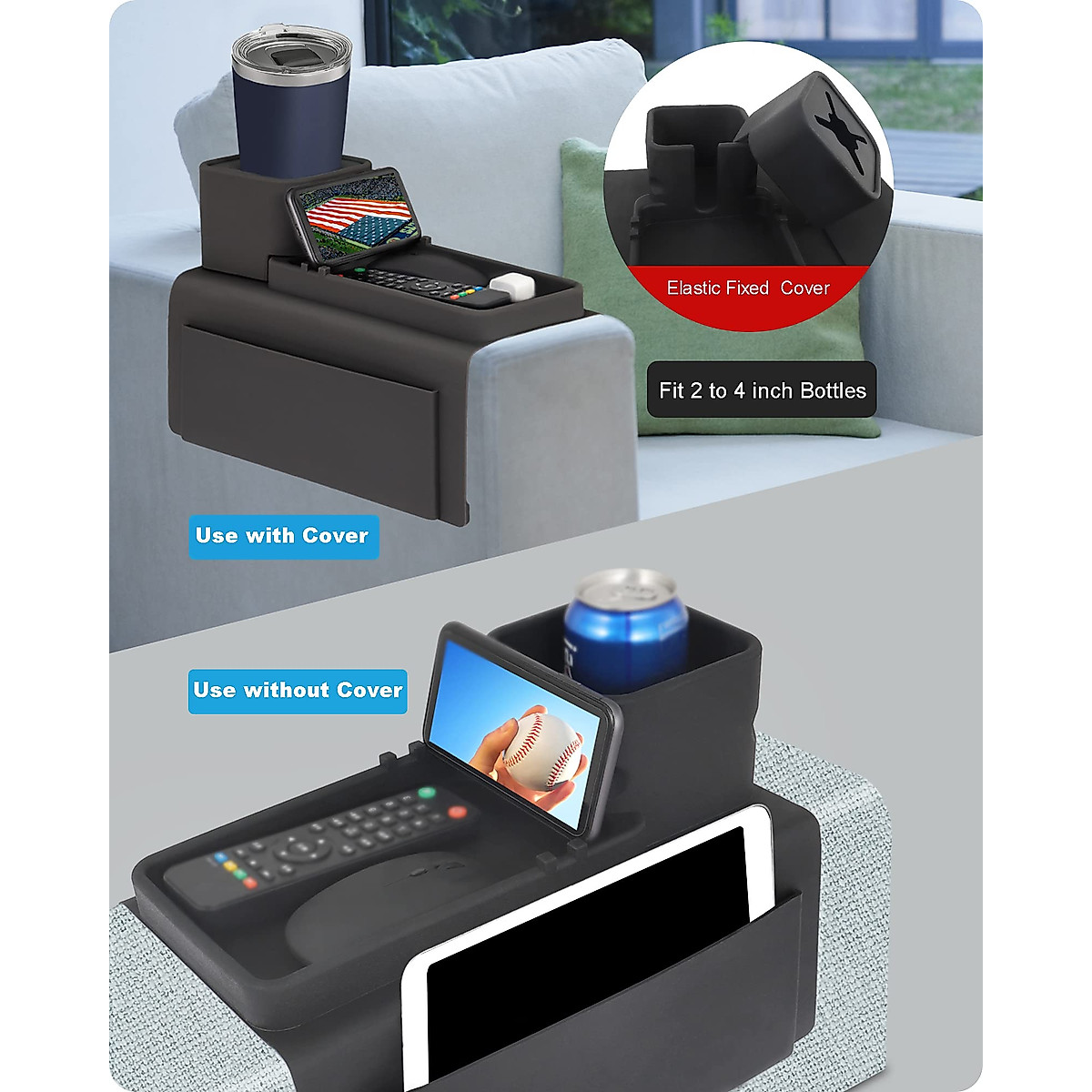 Silicone Couch Cup Holder, VIENFUT Anti-Spill Anti-Slip Sofa Armrest Tray BPA-Free, Dirt-Resistant Silicone Couch Arm Tray for Remote, Snacks, Cellphone and iPad, Gift for Family, Friend (Black)