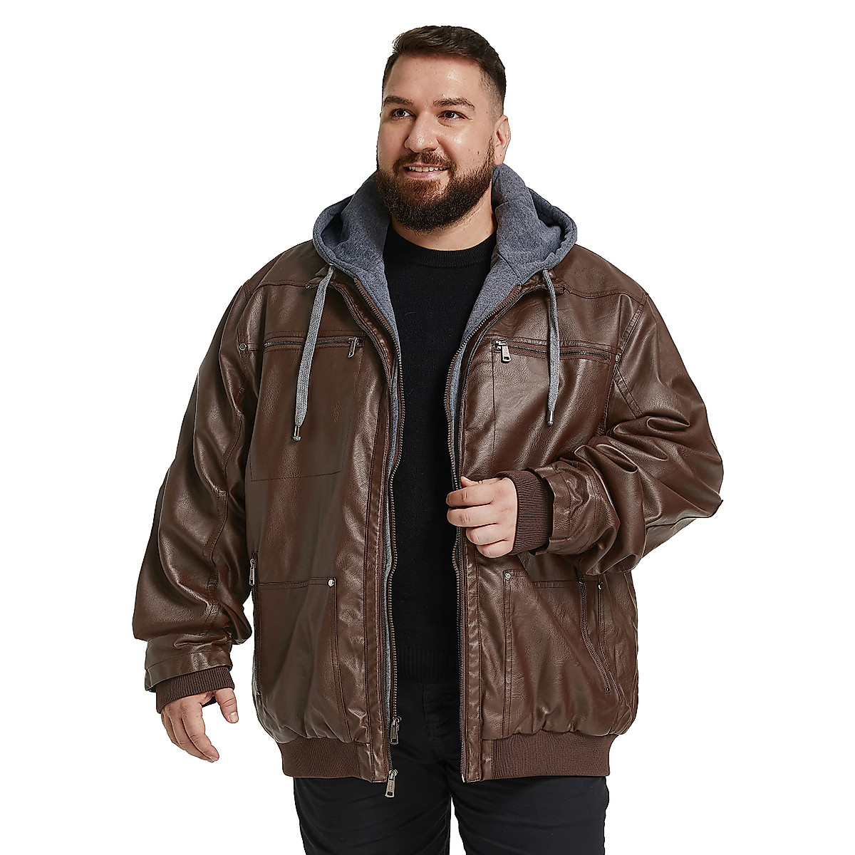 wantdo Men's Big and Tall Faux Leather Jacket Winter Coat Motorcycle Jacket With Removable Hood Coffee X-Large Tall