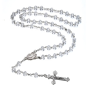 Catholic Rosary Clear Crystal Beads Rosary Necklace with Miraculous Medal Cross Crucifix Rosaries Communion Rosary for Women