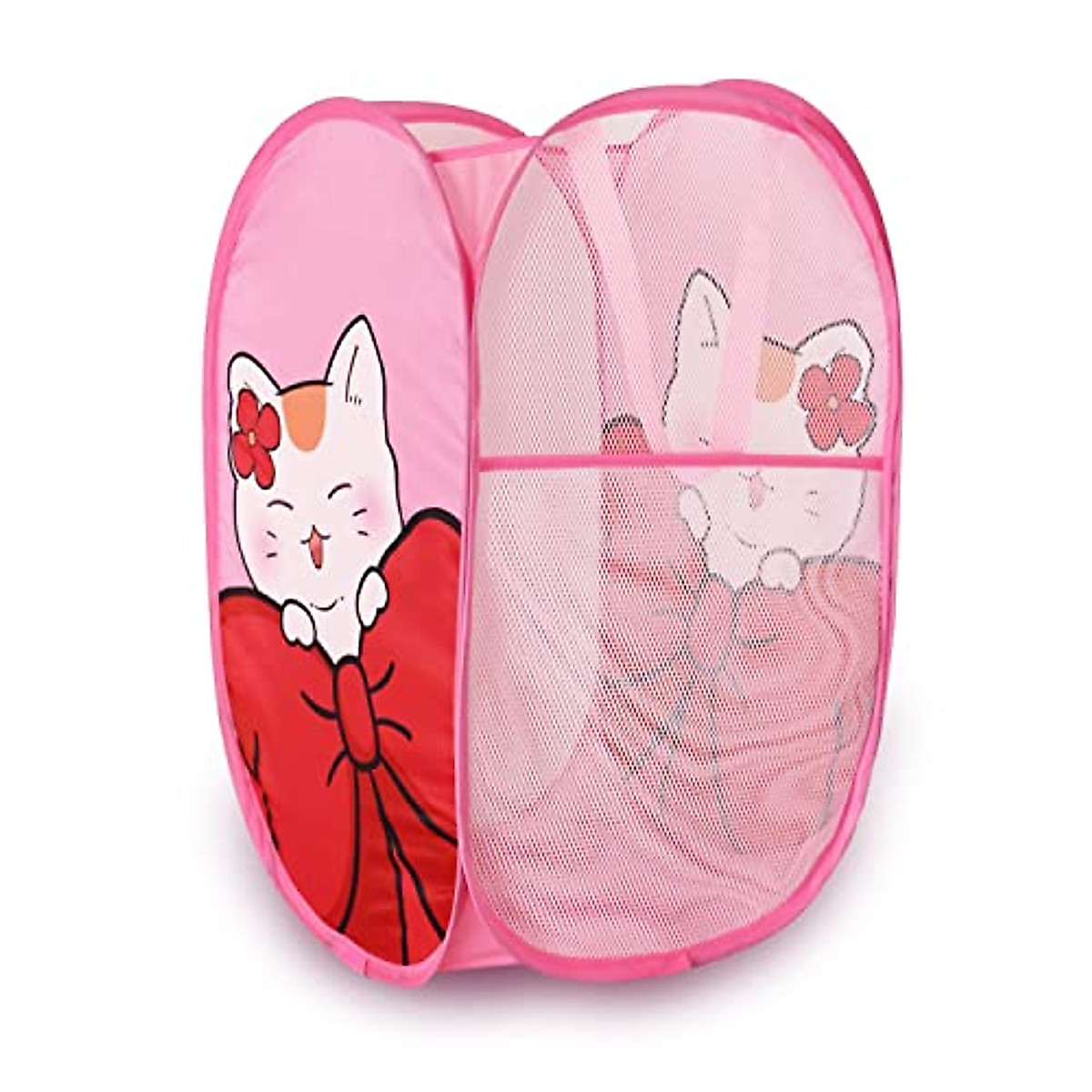 WEI LONG Mesh Popup Hamper-Foldable Lightweight Basket for Washing-Durable Clothing Storage for Kids Room,Students College Dorm,Home,Travel & Camping-Pop-up Clothes Hamper (Pink Kitty Cat)