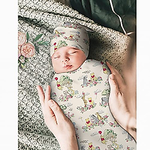 Baby Swaddle Blanket Nursery Wrap Newborn Receiving Blanket with Beanie Set，Soft Stretchy Baby Swaddling Blankets Infant Swaddle Sack for Baby Boy & Girl Gifts