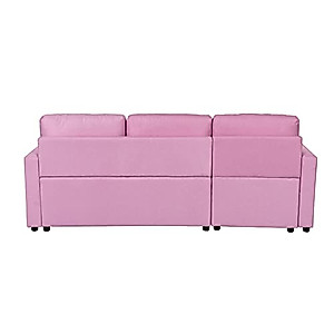 GLANZEND L-Shape Reversible Linen Sleeper Sectional Sofa with Storage Chaise, Corner Convertible Couch w/ 2 Throw Pillows for Living Room, Small Apartment, Dorm, Pink, 57 Inch