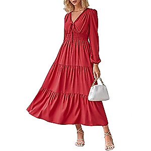 ZAFUL Women Casual V Neck Long Dress Tie Neck Solid Color High Waist Tiered Ruffle Hem A Line Swing Maxi Dresses (1-Wine, M)