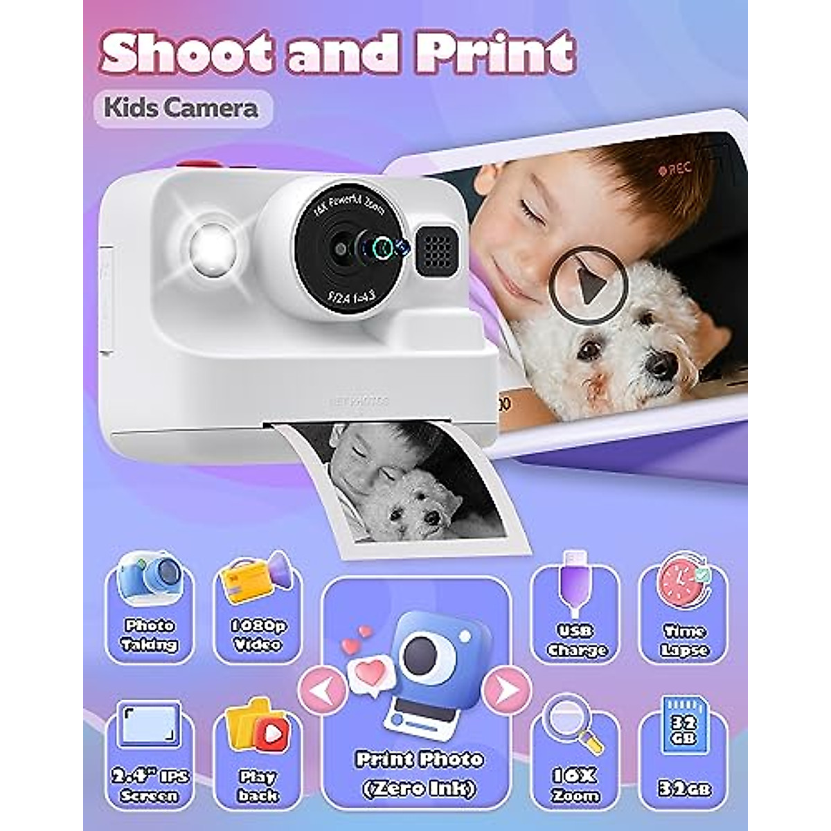 Kids Camera Instant Print, MEETRYE Instant Print Camera for Kids 4-14 Year Old, Christmas Birthday Gifts Digital Camera Toy for 5 6 7 8 9 10 Year Old Girls Boys Toddlers