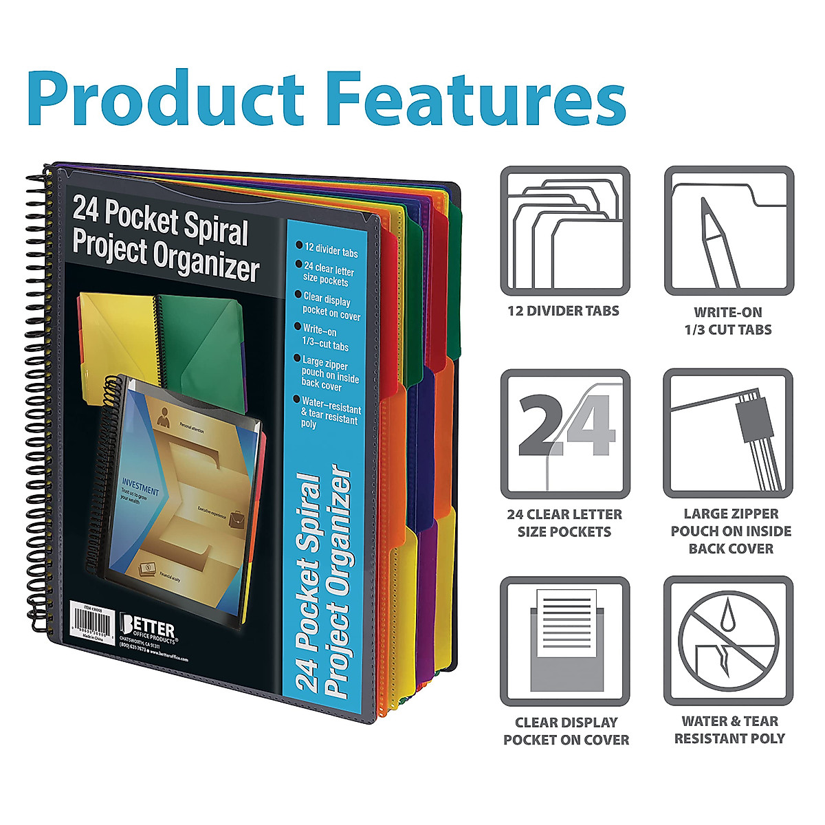 24 Pocket Poly Spiral Project Organizer, Heavy Duty, with Back Cover Utility Pouch, 1/3 Cut Tabs, 12 Tab Color Dividers, Clear View Front Cover, Letter Size, Project Folder, by Better Office Products