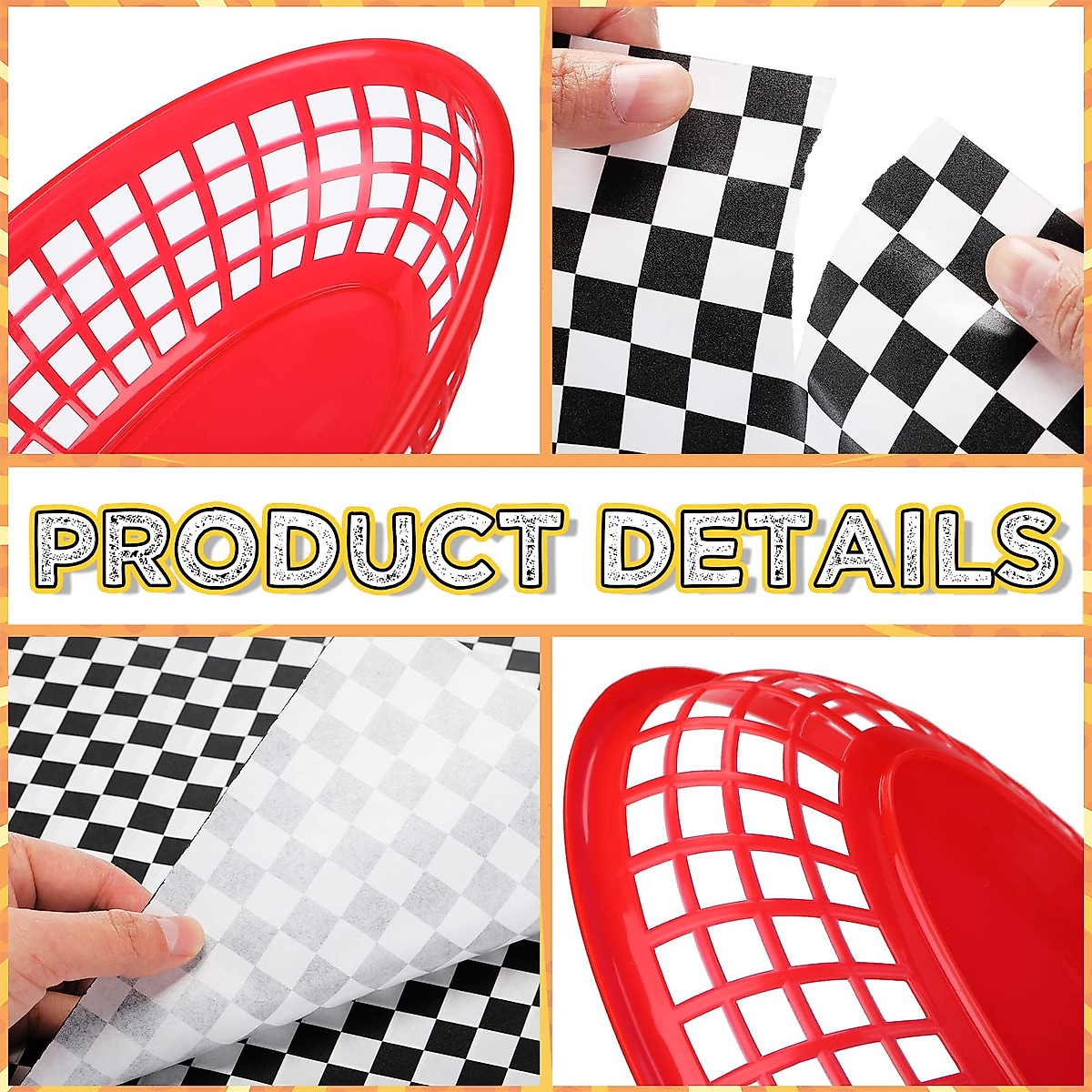 48 Pack Red Oval Fast Food Basket and 200 Pack Black Checkered Deli Liner Set 8.9 x 5.7 x 1.8 Inch Retro Style Plastic Food Baskets for Serving Burger Chip Food Baskets for Home, Restaurants, Picnic