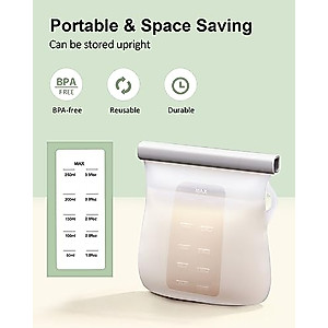 Lictin 5PCS Silicone Breastmilk Storage Bags, 8.5oz/250ml Reusable Breast Milk Storage Container, BPA-Free Self-Standing Milk Storing Bags for Breastfeeding, Leak-Proof Baby Food Storage Containers