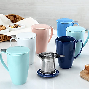 Yedio Porcelain Tea Mug with Infuser and Lid- 15 Ounce Tea Cup with Filter for Tea, Milk, Coffee, Loose Leaf Tea Infusers, Turquoise