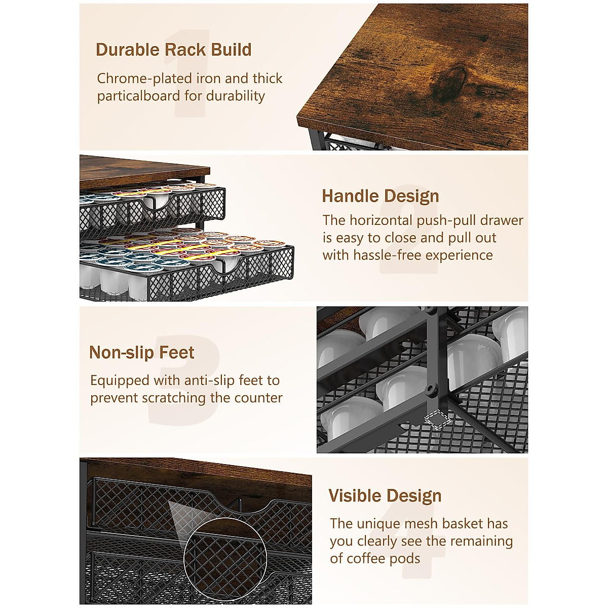 MOOACE Coffee Pod Holder for K Cup Holder Drawer Holder, Coffee Pod Drawer For Counter, 2 Tier K-Cup Storage With Sliding Baskets, 72 Capacity Pods Organizer Cups Capsule for Coffee Station, Black