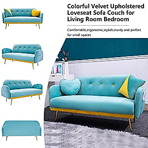 Betoko Tufted Velvet Loveseat Sofa Stylish Color Block Love Seats Couches Cute Cotton Candy Loveseat Sofas for Living Room Bedroom with Golden Metal Legs and Side Pockets (Light Blue)