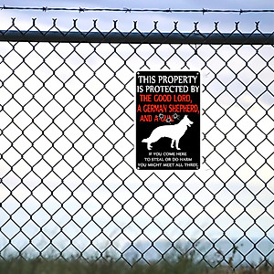 Beware Of Dog Metal Sign Funny Warning Signs For Property Is Protected By German Shepherds Tin Sign Beware Of Dogs Signs For Fence Decorations Outdoor German Shepherd Owner Gifts 8x12 Inches