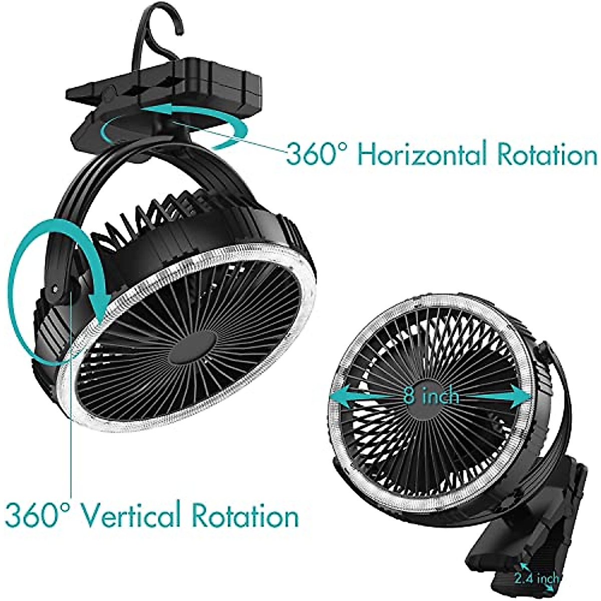 10000mAh Rechargeable Battery Operated Fan, 8-INCH Portable Clip On Fan, Camping Fan with LED Light, 3 Quiet Speeds, Sturdy Clamp & Hanging Hook for Home, Office, Dorm, Outdoor Activities, More