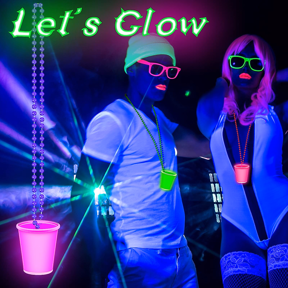 Sureio 12 Pieces Glow in the Dark Necklace Shot Glass Necklaces Glowing Neon Beaded Necklace Light up Cup Shaped for Weddings BBQ Beach Holidays Birthday Bachelorette Neon Party Supplies, 6 Colors