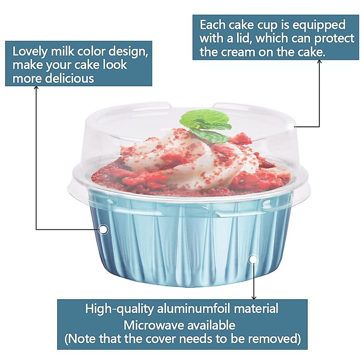 Ramekins with Lids, 25 pcs 5 oz Blue Foil Dessert Baking Cups Holders, Cupcake Liners for Baking ​Utility Clear Pudding Cups for Wedding,Christmas,Kitchen,Birthday Party,Various Holiday Parties