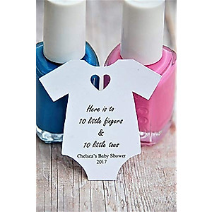 10 tags ~ Tag Only ~ Here is to 10 little fingers & 10 little toes ~ baby shower ~ nail polish thank you ~ onesie gift tags ~ 2"