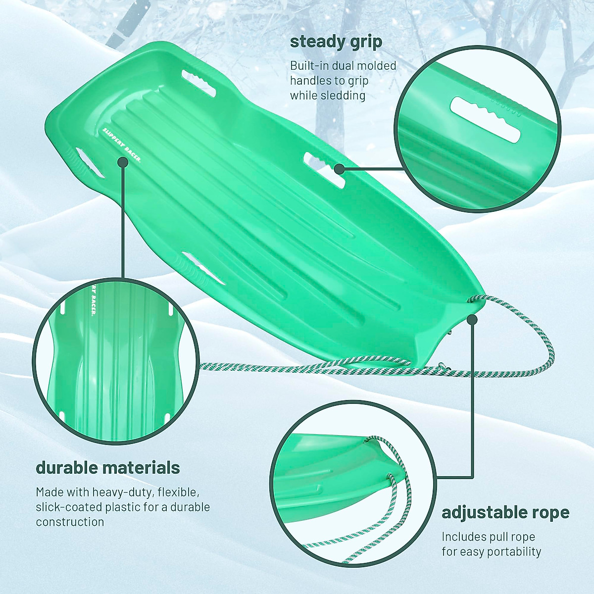 Slippery Racer Downhill Xtreme Flexible Adults and Kids Plastic Toboggan Snow Sled for Up to 2 Riders with Pull Rope, (2 Pack) (Red/Green)