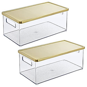 mDesign Plastic Kitchen Storage Bin - Stackable Fridge, Pantry Cabinet, Freezer Organizer - Food Storage Bin Box w/Handles, Steel Lid - 15" Long - Ligne Collection - 2 Pack - Clear/Soft Brass