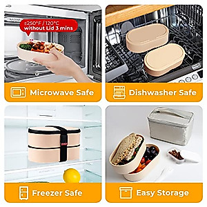 homeasy Bento Box for Adults Students, BPA Free Plastic Bento Lunch Boxes Rectangle Food Grade Lunch Containers with Cutlery Set and 2 Sauce Pot, 2-Tier Leak-Proof, 1200 ML (Beige with Bag)