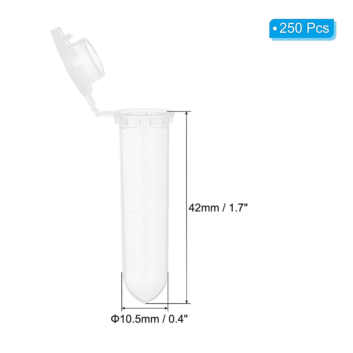 PATIKIL 2.0ML Plastic Centrifuge Tubes, 250 Pcs Microcentrifuge Tubes with Snap Cap and Graduated Marks for Sample Storage, Clear