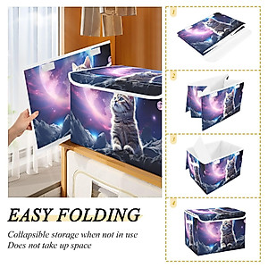 WELLDAY Galaxy Cat Storage Baskets Foldable Cube Storage Bin with Lids and Handle, 16.5x12.6x11.8 Inch Storage Boxes for Toys, Shelves, Closet, Bedroom