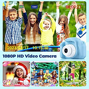 Kids Camera for Boys HOMHOW Toddler Camera for Girls Boys Children, Selfie Camera Kid Toys Christmas Birthday Gift Age 3 4 5 6 7 8 9 Year, 2inch IPS Screen with 32GB SD Card Blue