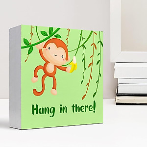 Hang in There Monkey Hanging on Tree Wood Block Sign Desk Decor,Cute Baby Monkey Woodland Animals Wooden Box Plaque Sign Desk Decor for Nursery Kids Bedroom Playroom Classroom Decorations