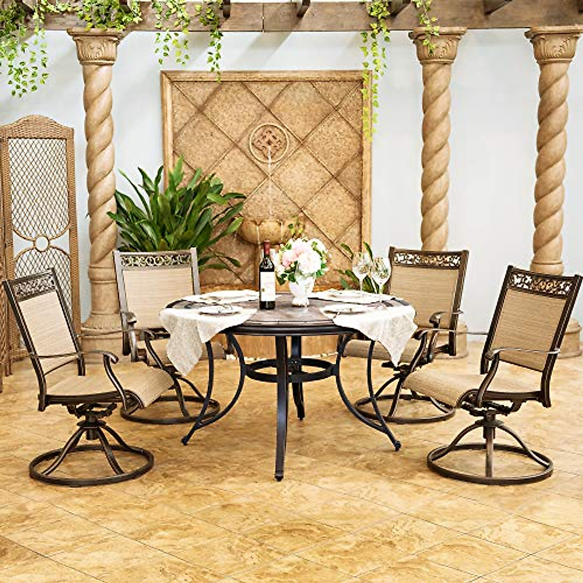dali Outdoor 5 Piece Dining Set Patio Furniture, Aluminum Swivel Rocker Chair Sling Chair Set with 46 inch Round Mosaic Tile Top Aluminum Table