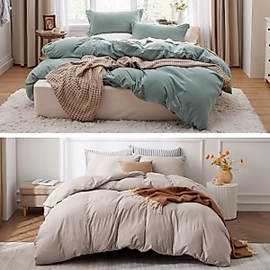 Bedsure Sage Green King Prewashed Microfiber Duvet Cover Set + Tannish Linen 100% Jersey Knit Cotton Duvet Cover Set, Zipper Closure, King Size