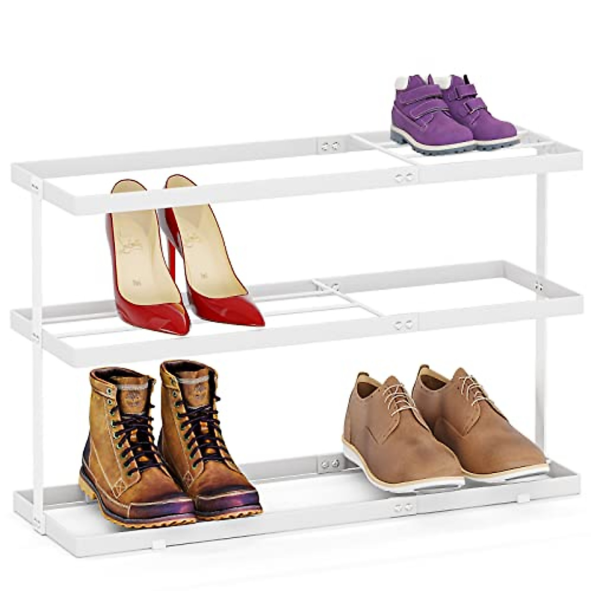 White Metal Shoe Rack for Closets, 3 Tiers Space Saving Shoe Shelf for 6 Pairs, Modern Free Standing Shoe Stand