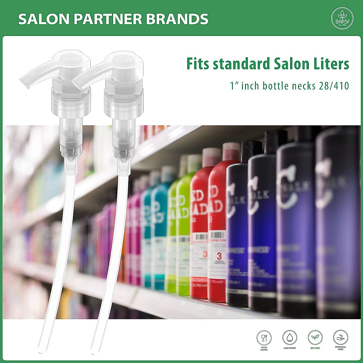 Bar5F Universal Shampoo/Conditioner Dispenser Pump for 1 Liter (33.8 Oz) Bottles - Natural Clear, Pack of 2