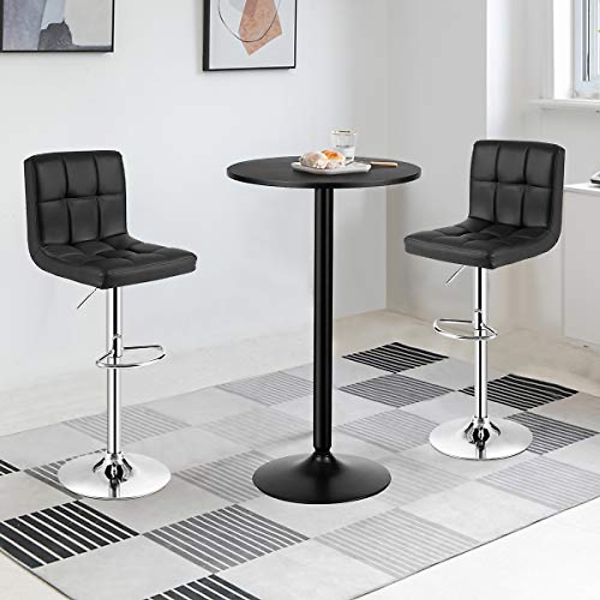 COSTWAY 3-Piece Bar Table Set, Round Cocktail Table and PU Leather Adjustable Swivel Chairs, Modern Counter Height Table Set with 2 Bar Stool for Kitchen, Office (Black)